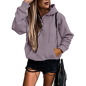 SHEWIN Womens Hoodie Pullover Long Sleeve Solid Button Fleece Fashion Hoodies Sweatshirts Cozy Lightweight Fall Oversized Sweatshirt for Teen Girls,US 16-18(XL),Purple