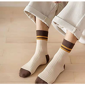 ZINDE 6 Pairs Soft Cotton Socks for Women Girl Thick Knit Breathable Cute Stripe Fashion Above Ankle Crew Socks Set (6 Pairs-08)