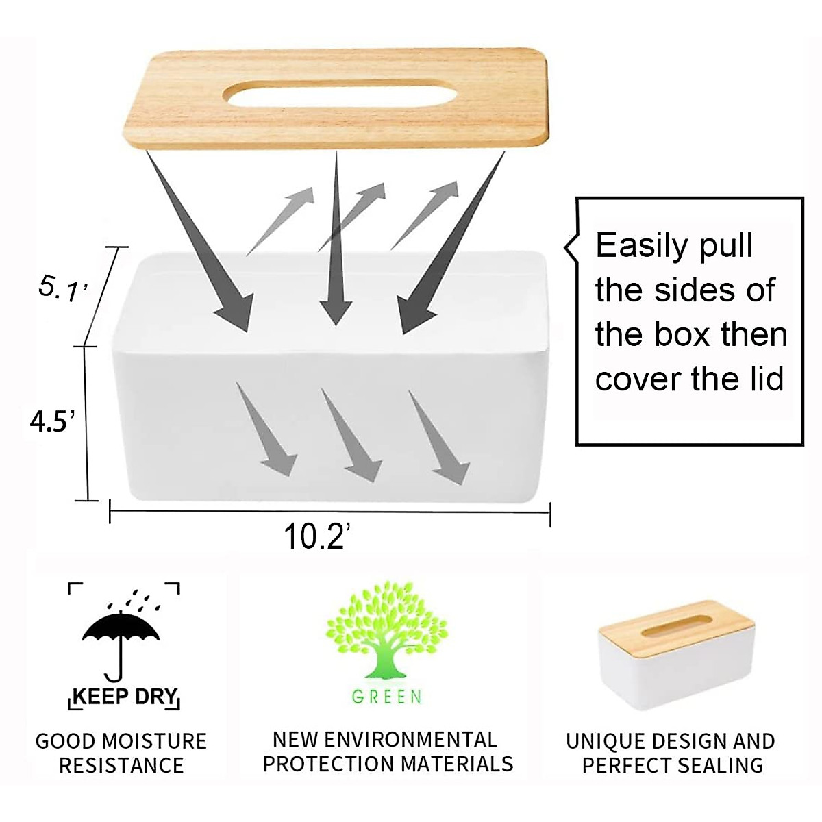 Wood Tissue Box Cover Gloves Box Holder Wooden Rectangular Tissue Box Holder for Storage on Bathroom Vanity, Countertop, Bedroom Dresser (Large(10.2 x 5.1 x 4.5))