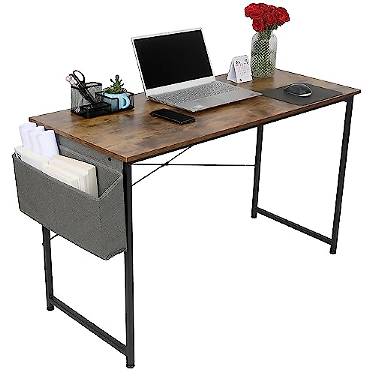 YSSOA 40 Inch Computer Modern Simple Style Home Office, Study Student Writing, Vintage with Storage Bag Wooden Desk, Brown