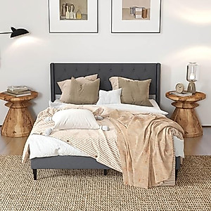 GORELAX Upholstered Queen Bed Frame, Mattress Foundation w/Button Tufted Headboard, Wood Slat Support No Box Spring Needed, Easy Assembly, Low Platform Bed Frame (Grey, Queen)