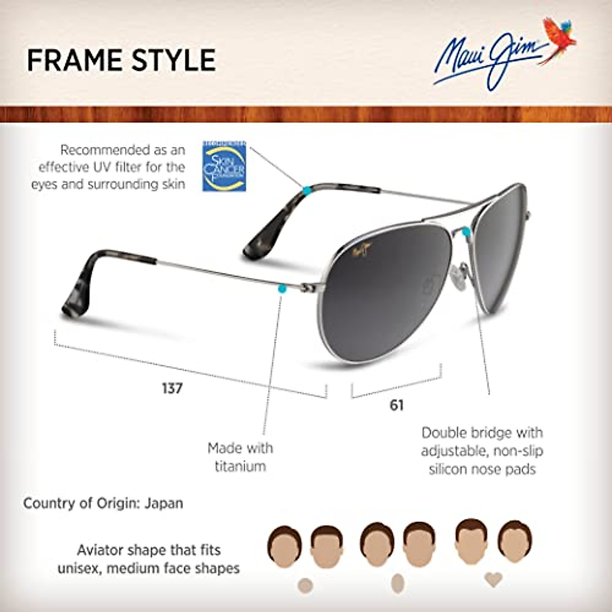 Maui Jim Men's and Women's Mavericks Polarized Aviator Sunglasses, Silver/Neutral Grey, Medium