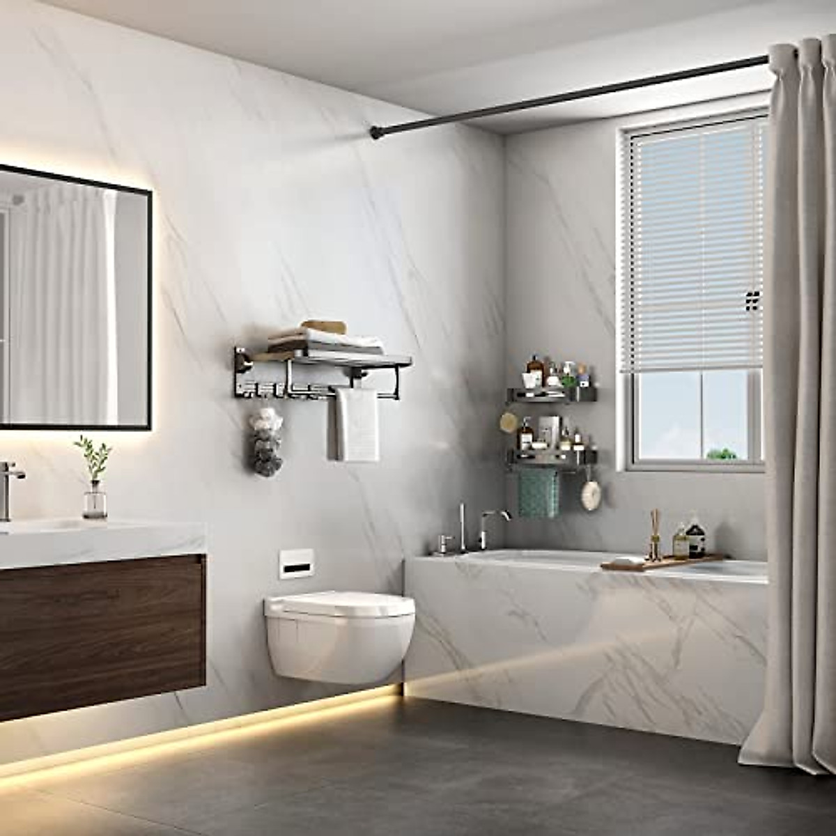 MUSTORN Bathroom Towel Rack with Towel Bar and Hooks 23.6 in Foldable Towel Shelf Wall Mounted Lavatory Towel Organizer Modern Gray Finish