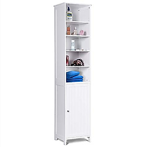 WATERJOY 72'' Tall Cabinet, Standing Tall Storage Cabinet, Wooden White Bathroom Cupboard with Door and 5 Adjustable Shelves, Elegant and Space-Saving