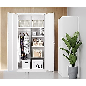 MIIIKO Steel Wardrobe Cabinet with 2 Doors, White Metal Locker Cabinet for Storage with Hanging Rod and 4 Shelves, Lockable Metal Closet Cabinet for Bedroom, Cloakroom and Home Office