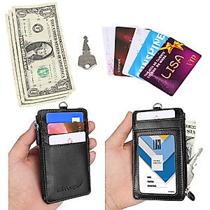 Badge Holder with Zipper, Wisdompro School Supply 2-Sided PU Leather College ID Badge Holder with 1 ID Window, 4 Card Holder Slots, 1 Side Pocket and 20 Inch Leather Neck Strap Lanyard -Vertical Black