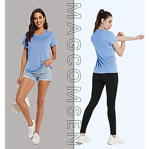 MAGCOMSEN Athletic T-Shirts for Women Short Sleeve Casual Shirts Moisture Wicking Performace Tees Fitness Running Shirts Light Blue Large
