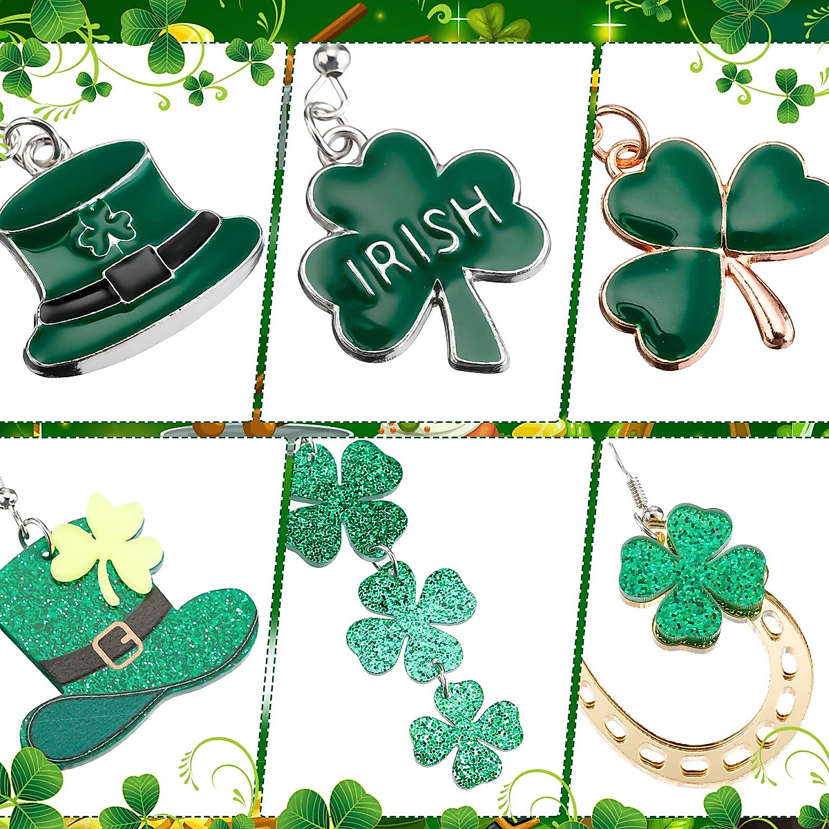 Henoyso 6 Pairs St. Patrick's Day Earrings Acrylic Stud Clover Dangling Earrings Irish Shamrock Dangle Earrings for Women (Clover)