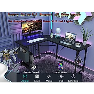 SZXKT Gaming Desk with Monitor Stand and Power Outlets,l Shaped Desk with Storage and LED Lights,Home Office Reversible Corner Computer Desk with Hooks (Black)