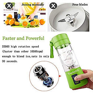 TopAufell Portable Blender,USB Rechargeable Personal Mixer,380ML Mini Blender for Fruit Smoothies and Milkshakes with Six Blades in 3D,Handheld Blender Suitable for Travel,Gym,Outdoor Sport(Green)