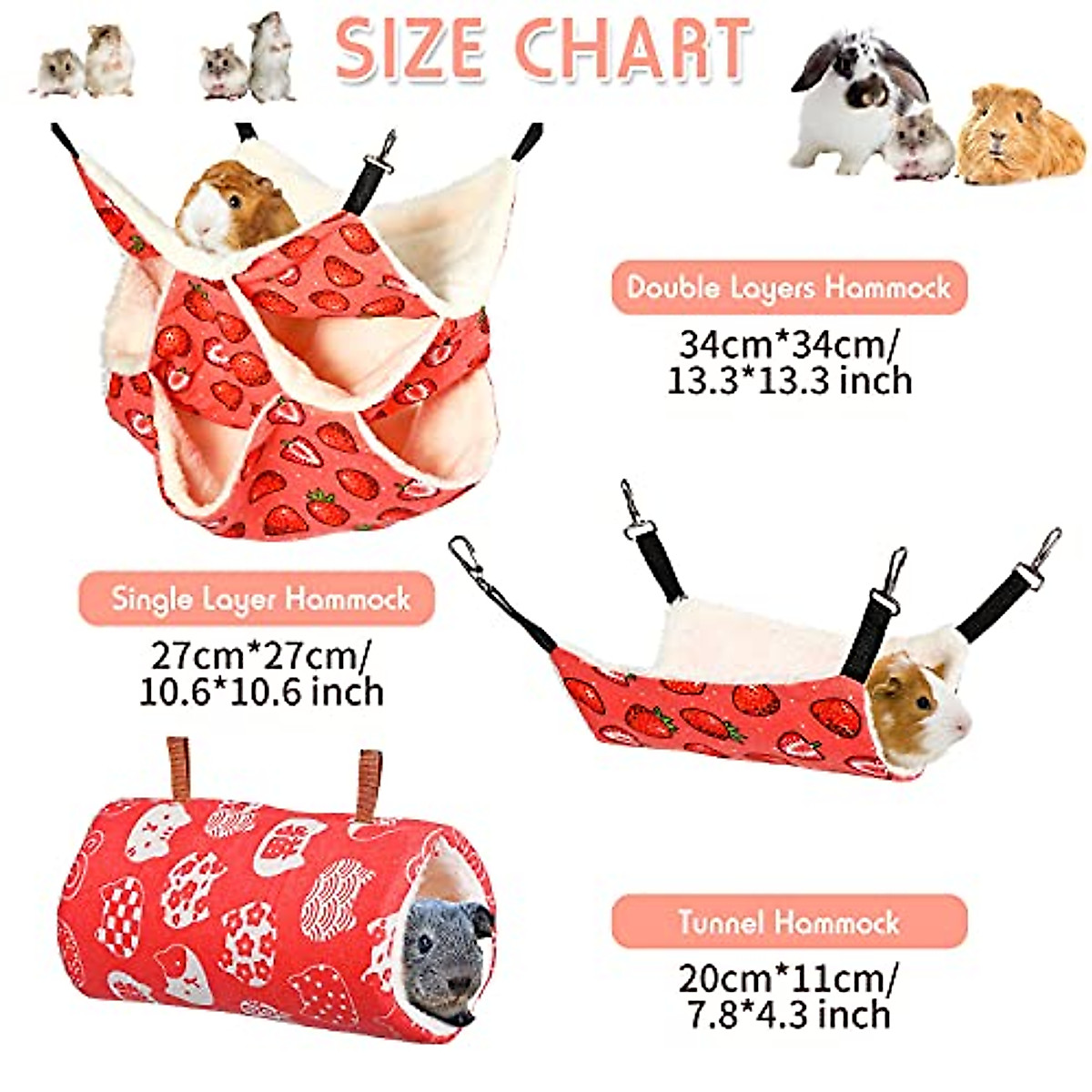 3 Pieces Small Pet Hammock Tunnel Ferret Hammock Hamster Nest Bed Glider Guinea Pig Ferret Hammock Set for Small Pets (Strawberry)