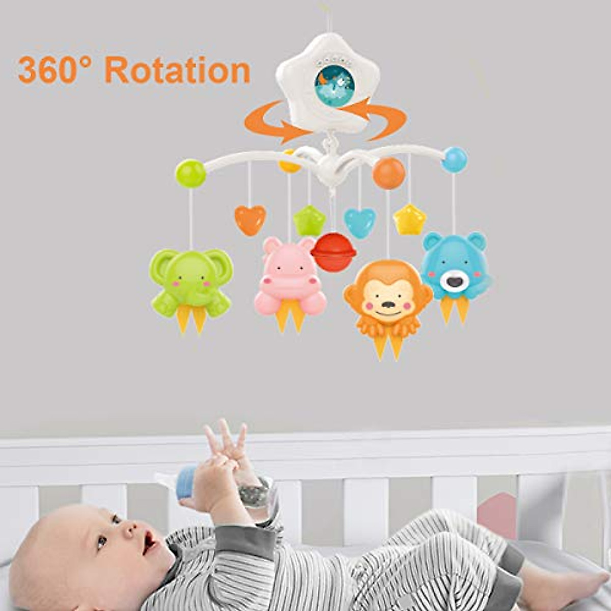 Baby Crib Mobile with Projrctor and Relaxing Music, Hanging Rotating Animals Rattles Nursery Gift Toy for Newborn 0-24 Months Boys and Girls Sleep