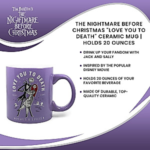 The Nightmare Before Christmas "Love You To Death" Jack and Sally Ceramic Coffee Mug, Oversized Large Cup | Novelty Drinkware For Tabletop | Official Disney Kitchen Accessories | Holds 20 Ounces