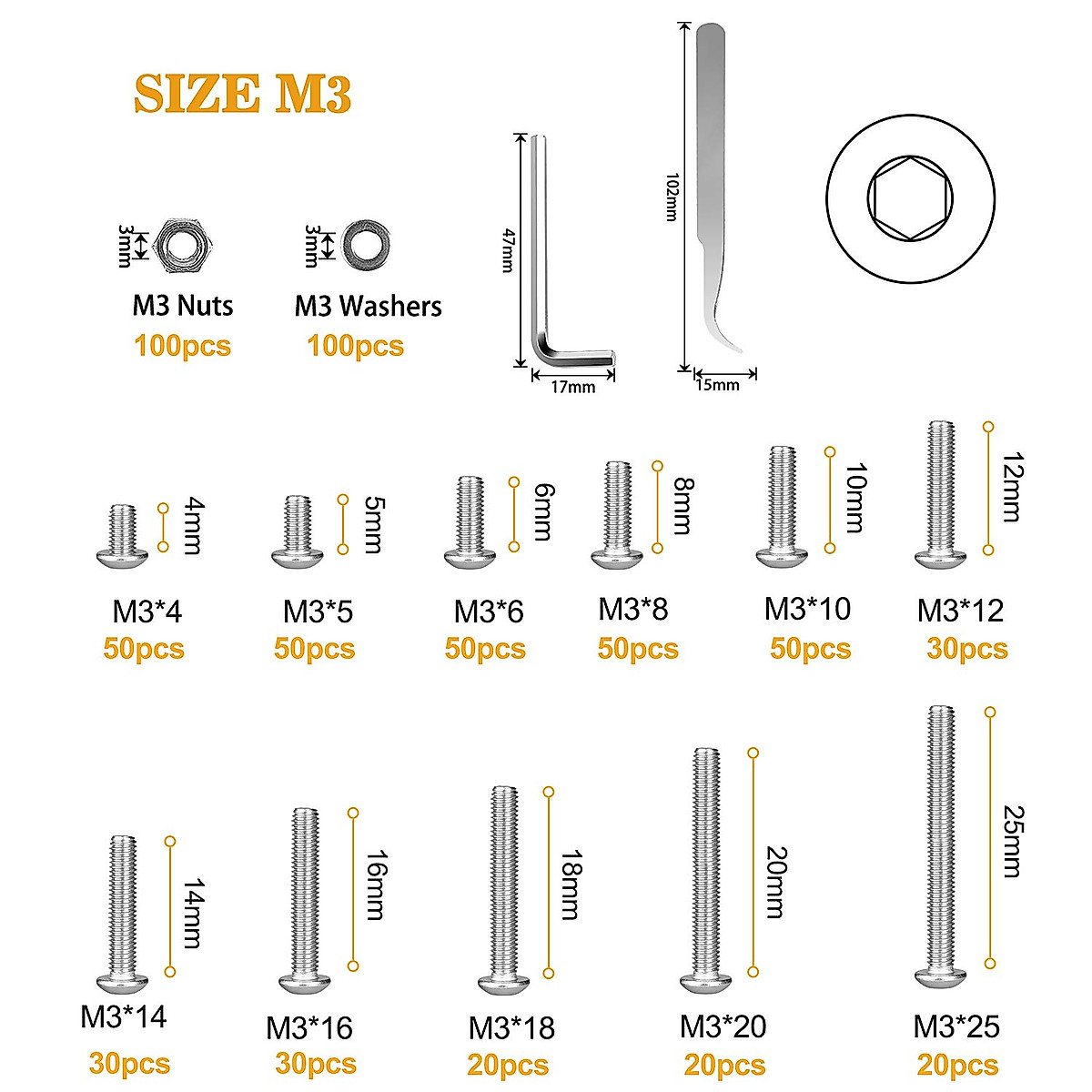 VIGRUE 570PCS Stainless Steel M3 Button Head Hex Socket Cap Screw Bolts, M3 x 4/5/6/8/10/12/14/16/18/20/25mm Screw and Nuts Flat Washer Assortment Kit, Fully Machine Thread