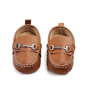 QIETION Baby Girls Boys Loafers, Cute Newborn Crib Shoes, PrewalkerPU Sneakers, Perfect for Baptism/Crawling/Wedding Brown 0-6 Months V201-BR11
