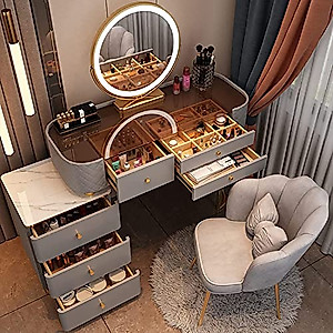 OLOTU Nordic Vanity Desk with Glass Tabletop, Makeup Vanity with Ergonomic Chair, Dressing Table with Lights Mirror and Drawers
