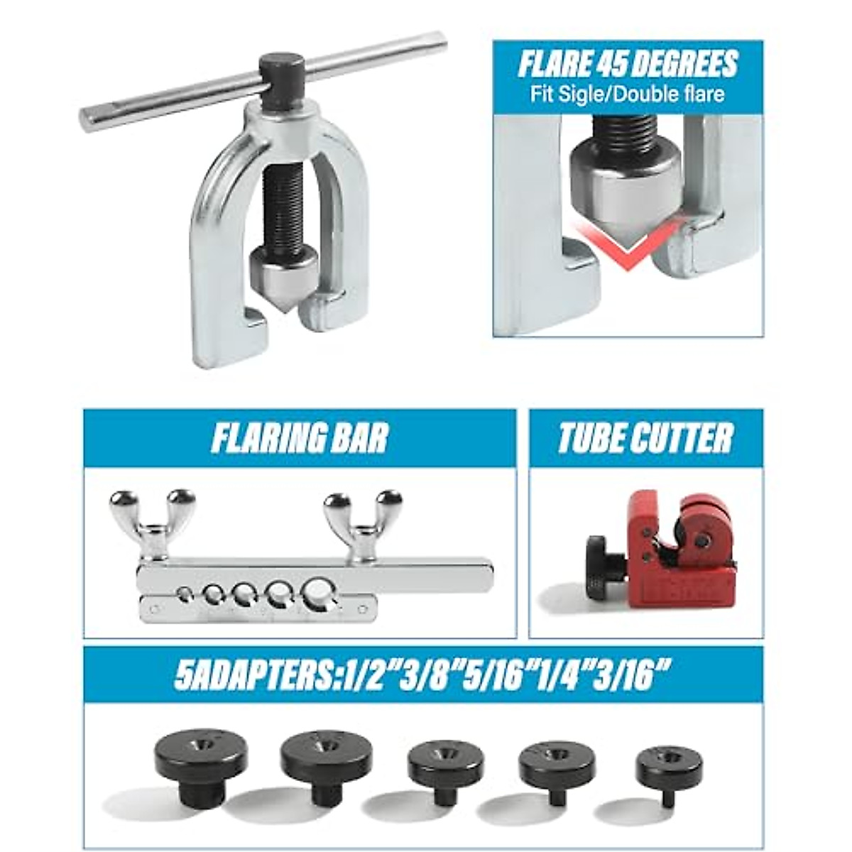 YAKEFLY 25 ft 3/16 Copper Coated Brake Line Kit with 16 Fittings and 4 Unions Brake Line Fittings,Brake Line Double & Single Flaring Tool Kit,Fits for Most Hydraulic Braking Systems (Silver)