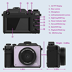 OIEXI 48MP Camera for Photography,4K Digital Camera for Kids and Adults with Front and Rear Dual Cameras,18X Digital Zoom,Built-in 7 Color Filters,32GB TF Card,Rechargeable Battery(Lilac Violet)
