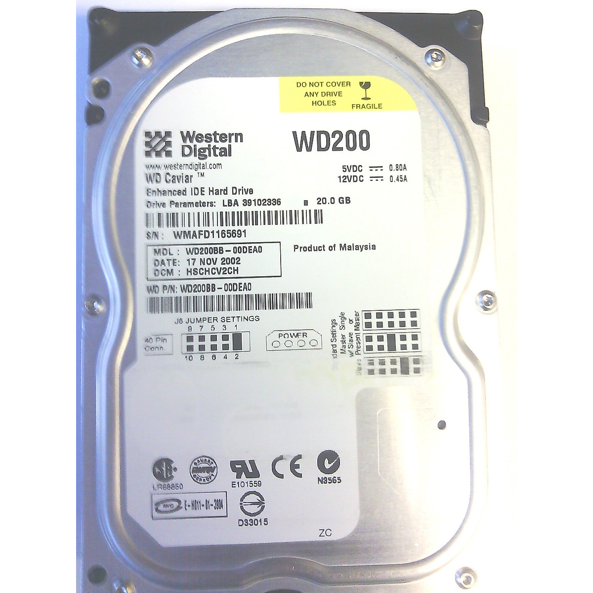 Western Digital HDD 20GB IDE, WD Caviar WD200BB-75DEA0, DP/N 01T320 REV A00