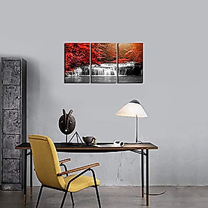 Visual Art Decor 3 Pieces Black White and Red Canvas Wall Art Red Forest Waterfall Poster Print Landscape Picture Framed Artwork for Office and Home Decor Ready to Hang 12x16inchx3pcs