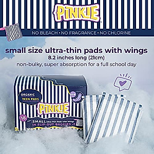 Pinkie Period Pads for Tweens & Teens - Designed for Smaller Underwear - Organic Cotton Topsheet Teen Pads with Wings - Chlorine Free - Teen Small, 18 Count