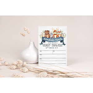Blue Woodland Baby Shower Invitations, Forest Animal Baby Shower Invitations for Boy, Adventure Awaits Lumberjack with Bear, Moose, Raccoon, Deer, Baby Sprinkle, 20 Fill in Invitations and Envelopes