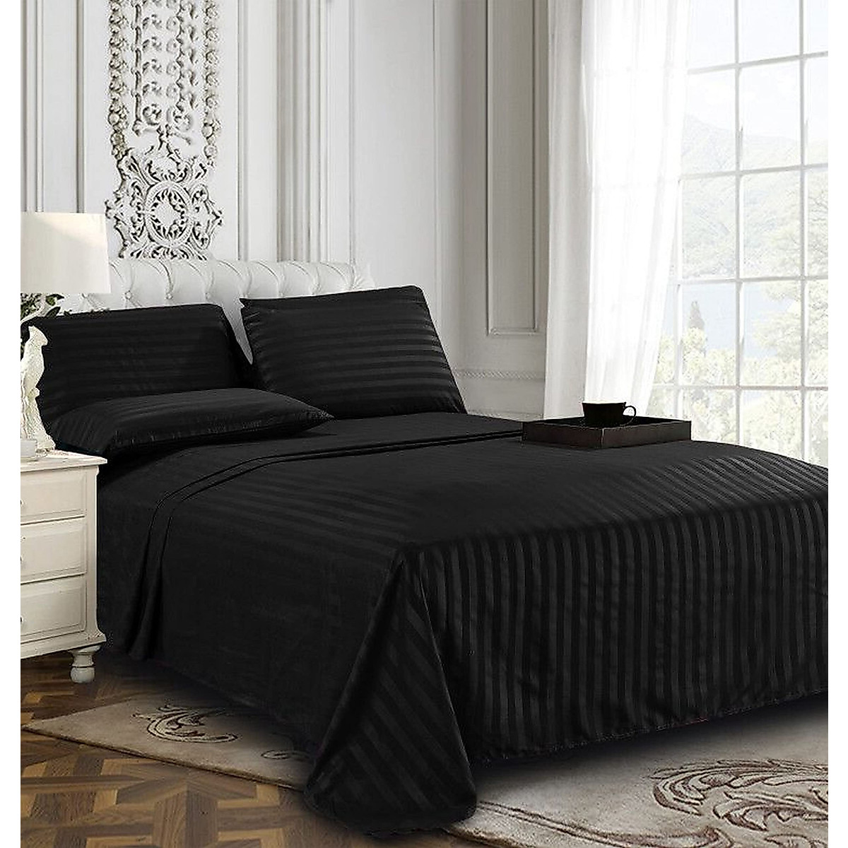 Elegant Comfort Best, Softest, Coziest 6-Piece Sheet Sets! - 1500 Premier Hotel Quality Luxurious Wrinkle Resistant 6-Piece Damask Stripe Bed Sheet Set, Full Black