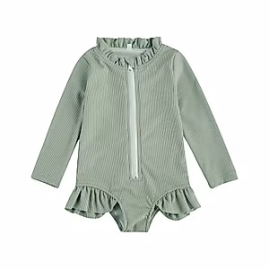 Merqwadd Toddler Baby Girl Swimsuit Rash Guard Long Sleeve One Piece Swimwear Bathing Suit for 1-5Years Kids (B-Mint Green,12-18 Months)