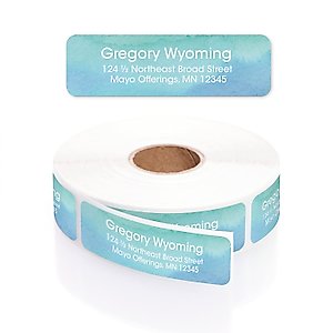 Aqua Blue Watercolor Rolled Address Labels/Roll of 250 Personalized Return Address Labels/Designer Return Address Stickers in Elegant Plastic Dispenser