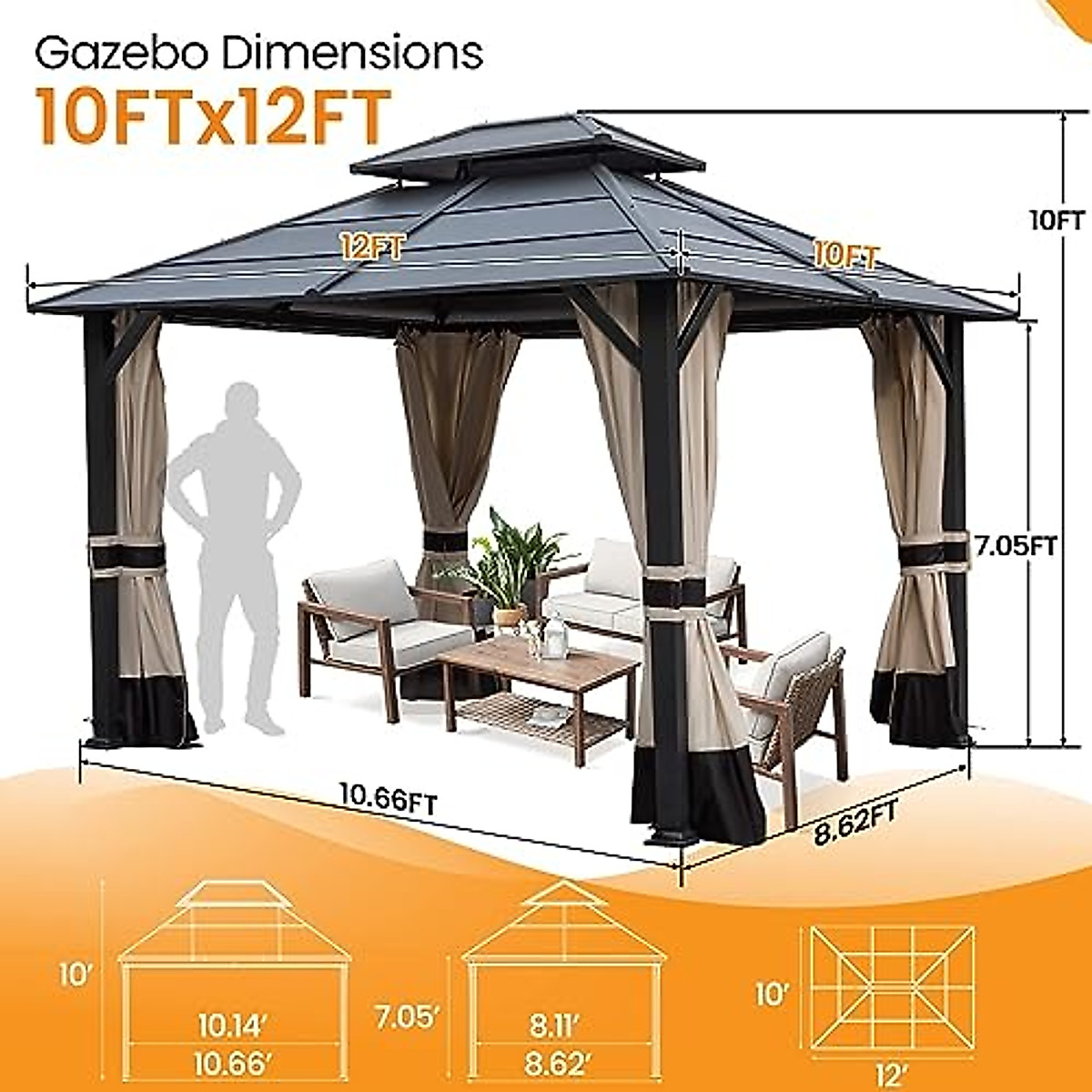 Hardtop Gazebo 10x12 - Outdoor Gazebo with Netting and Curtains, Double Metal Roof Gazebo Aluminum Frame for All Weather, 10 x 12 Gazebo Perfect for Backyard, Deck, Hot Tub, Patio Lawn Garden Poolside