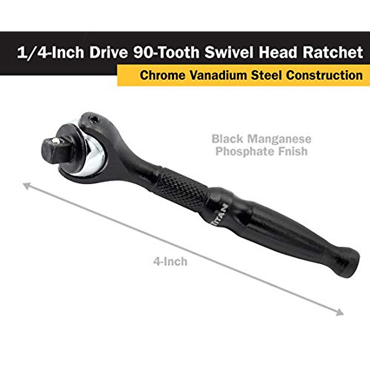 Titan 11313 1/4-Inch Drive x 4-Inch 90-Tooth Swivel Head Micro Ratchet - Black, Factory