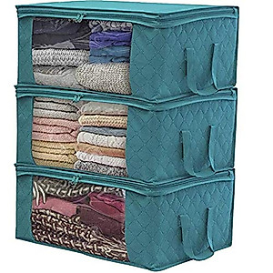 Storage Bins with Handle and Zipper Home Closet Storage Bags Detachable Stackable High Capacity Space Saving Clothes Container Bag Foldable Pouches Home Organizer Home Office Necessary. (Blue)