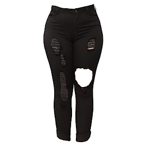 Andongnywell Womens Plus Size Ripped Pants Destroy Blue Denim Roll up Distressed Jeans Pants (Black,XX-Large)