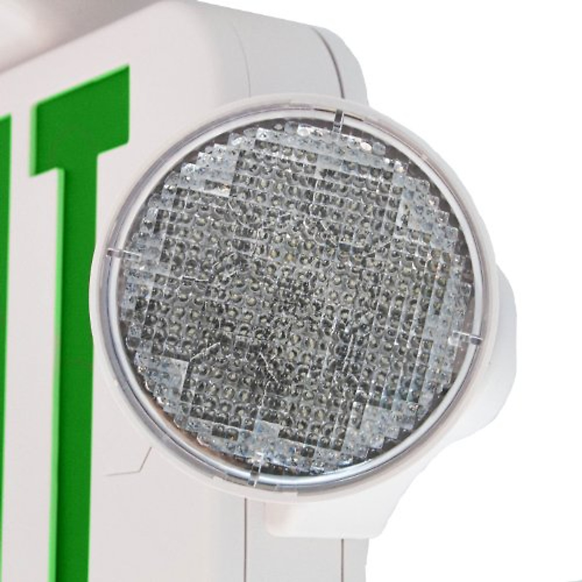 LFI Lights | Combo Green Exit Sign with Emergency Lights | White Housing | All LED | Two Adjustable Round Heads | Hardwired with Battery Backup | UL Listed | (1 Pack) | COMBOJR2-G