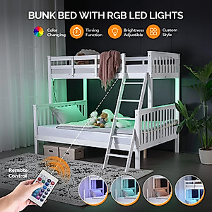 VINGLI Bunk Beds Twin Over Full Size with LED and Charging Station, Convertible Wood bunk beds with Angled Ladder, High Guardrail and Wood Slats, Space-Saving Design for Kids, Teens and Adults, White