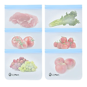 Reusable sandwich bags - EXTRA THICK & HEAVY DUTY 6-pack bags for produce snack bags, lunch food, storage. Eco friendly, zero waste, small, kids safe, PEVA plastic, ziploc, 100% leak proof, durable