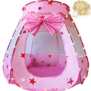 KingBee Pink Princess Pop Up Play Tent Ball Pit with Lights, Toys Gifts for Kids Girls Boys 3 4 5 6 Year Old, Baby and Toddler Will Love It. Easy Pop Up No Assembly Required, Indoor Outdoor Use (Pink)