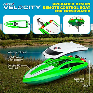 Force1 Velocity Green Fast RC Boat- Remote Control Boats for Adults and Kids, Underwater Speed Racing Mini RC Toy for Pools and Lakes, 2.4GHZ Transmitter, 2 Rechargeable Batteries, Low Battery Alert