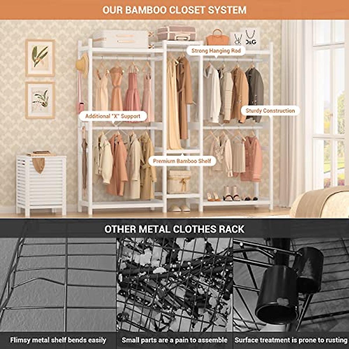 Hoiplu Bamboo Closet System Clothing Rack for Hanging Clothes, Large Garment Rack with Shelves and 5 Rods, 70”W x 77”H Heavy Duty Freestanding Clothes Rack Organizer for Wall-in Closet Bedroom, White