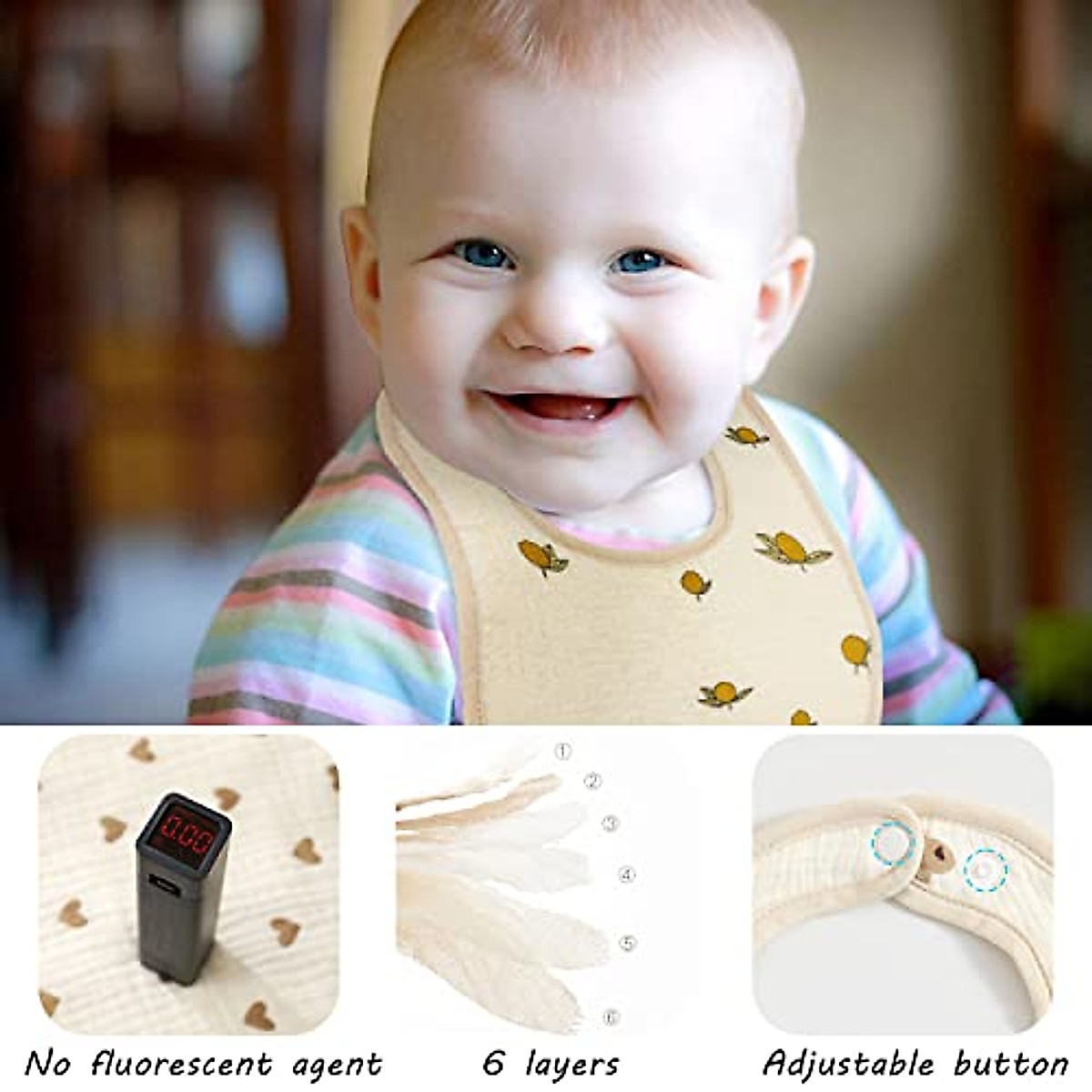 DOSMINE Muslin Baby Bibs Baby Drooling Bibs Button Bibs Unisex 6-Layer Bibs Organic Cotton Baby Drool Bibs for Teething Feeding Bibs