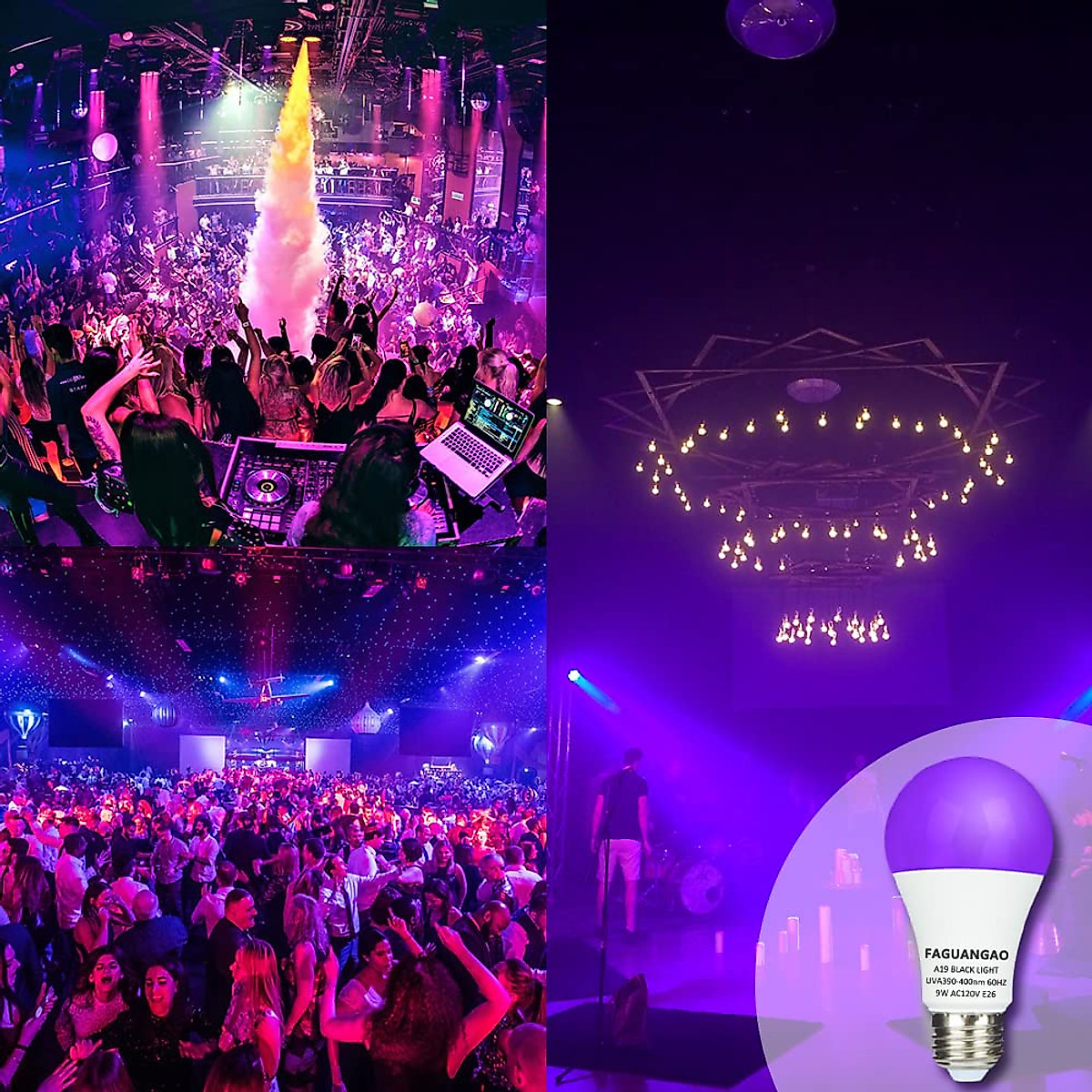 FAGUANGAO LED Black Light Bulb,9W(75Watt Equivalent) A19 UV Blacklight Bulb,120V,UVA Level 390-400nm,E26 Medium Base,Glow in The Dark for Blacklight Party,Fluorescent Poster,Body Paint(6 Pack)