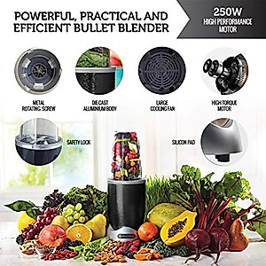 Bullet Blender Combo Mixer with 250W High Speed Fruit Vegetable Juicer Blender Coffee Grinder Blending & Grinding Blades with BPA free Tritan Travel Bottles for Frozen Fruit, Baby Food Spices Black