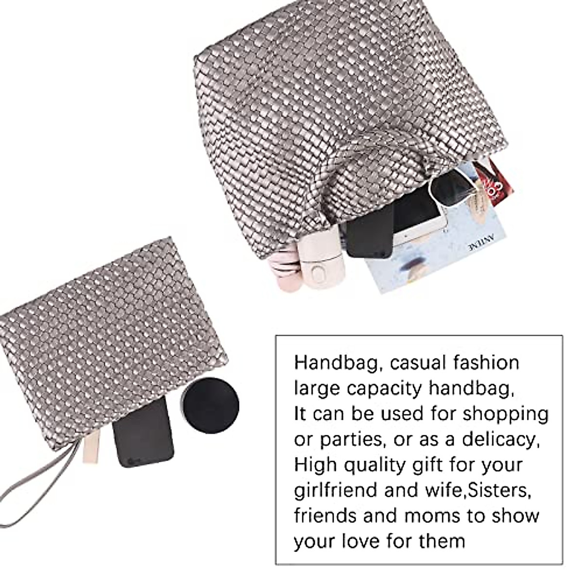 Woven Tote Bag, Women Macaron Soft Leather Weave Handbag Purse Wrist Bag Large Capacity Work Shopping Travel Daily (Silver)