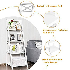 Tangkula 4-Tier Ladder Shelf Bookcase Leaning Free Standing Wooden Frame Decor Bookshelf Storage Flower Shelf Plant Display Shelf for Home Office (White, 2)