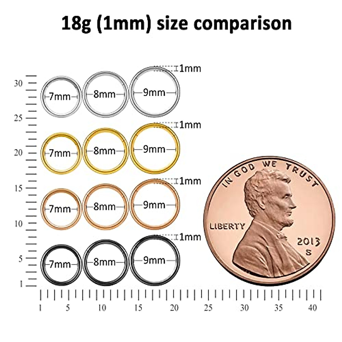 Funtopia 12 Pcs Hoop Nose Rings, 18g 316L Surgical Steel Hinged Nose Rings Hoop for Women Men, Septum Rings Cartilage Lip Rings Body Piercing Jewelry, Silver, Gold, Black, Rose Gold (7mm 8mm 9mm)