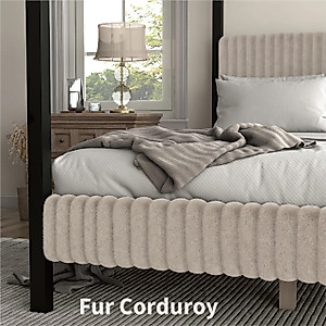 HOMES: Inside + Out Evadne Modern Canopy Bed Frame Queen Size with Channel Upholstered Headboard and Wooden Slats Support for Bedroom, Guest Room, No Box Spring Needed, Light Brown