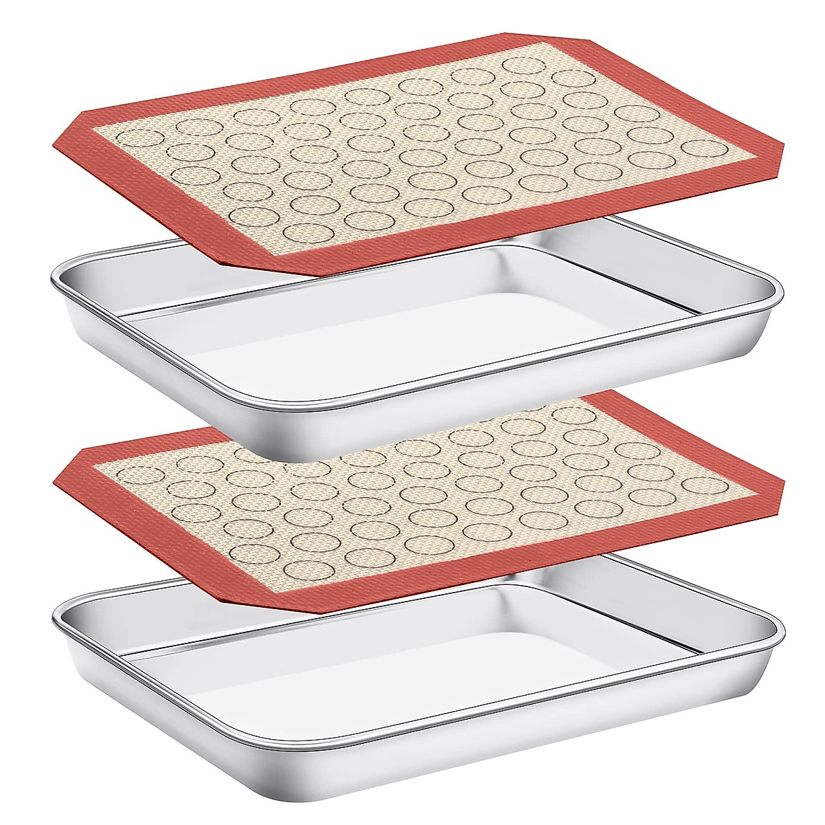Baking Sheet with Silicone Mat Set of 4 [2 Sheets + 2 Mats], Deedro Stainless Steel Cookie Sheet Baking Pan with Silicone Baking Mat, 9 x 7 x 1 Inch, Non Toxic, Heavy Duty, Easy Clean