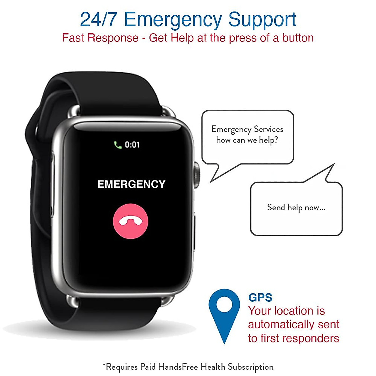 HandsFree Health Smart Watch for Seniors - Medical Alert System with GPS Monitoring, 2-Way 4G SOS Communication, Monthly Subscription