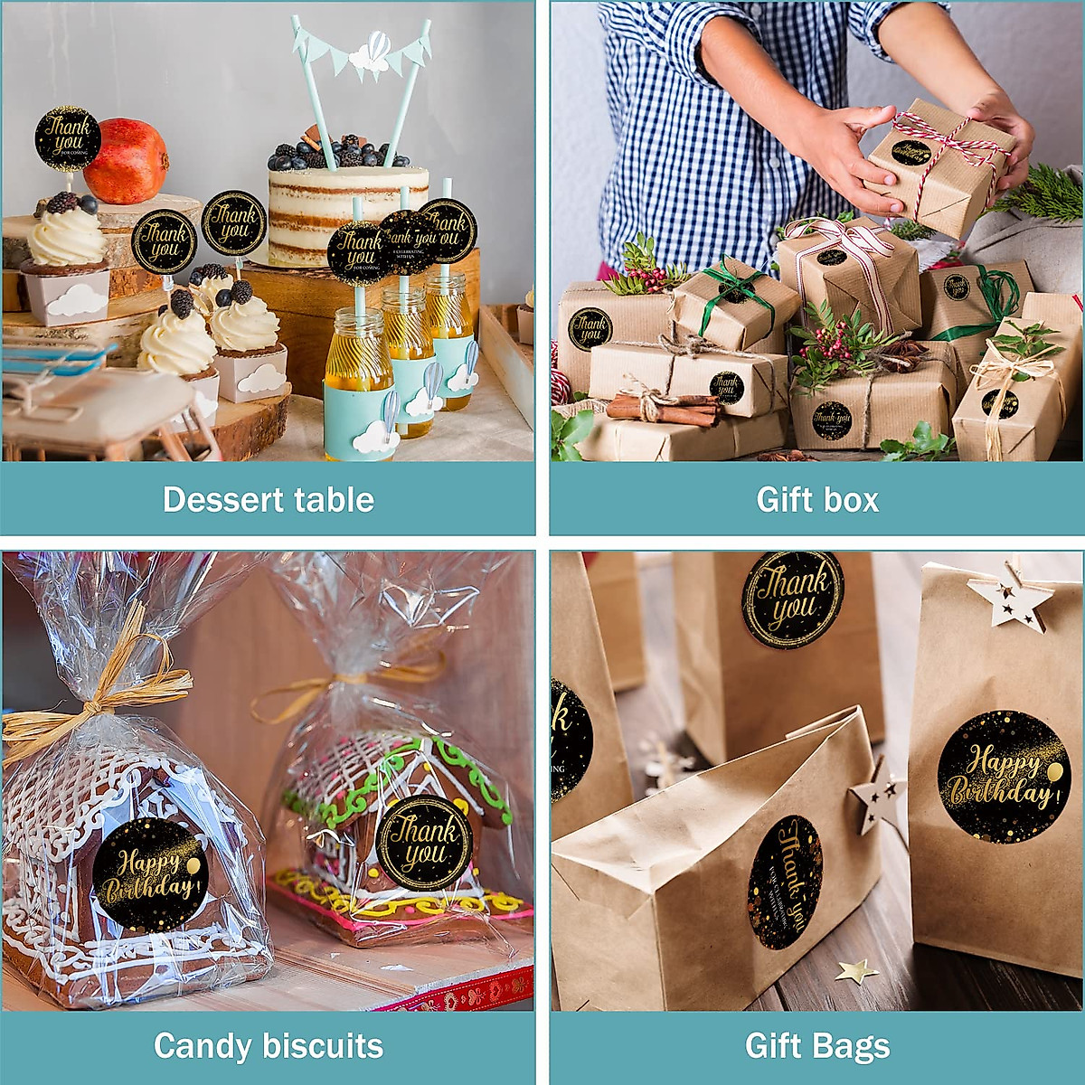 80 Pieces Black Gold Happy Birthday Thank You Stickers, Boy Girl Big Milestone Bday Party Decorate Round Party Gift Wrap Bag Label Decorations, 4 Design Stickers