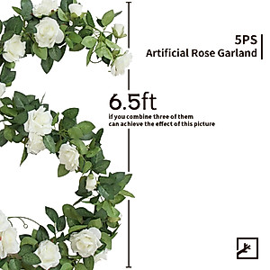 ZIFTY 5Pcs 32.5FT White Flower Garland Fake Vines Faux Artificial Floral Garland for Wedding Decortions Hanging Rose Ivy for Arch Garden Ceremony Background Outdoor Wall Decor